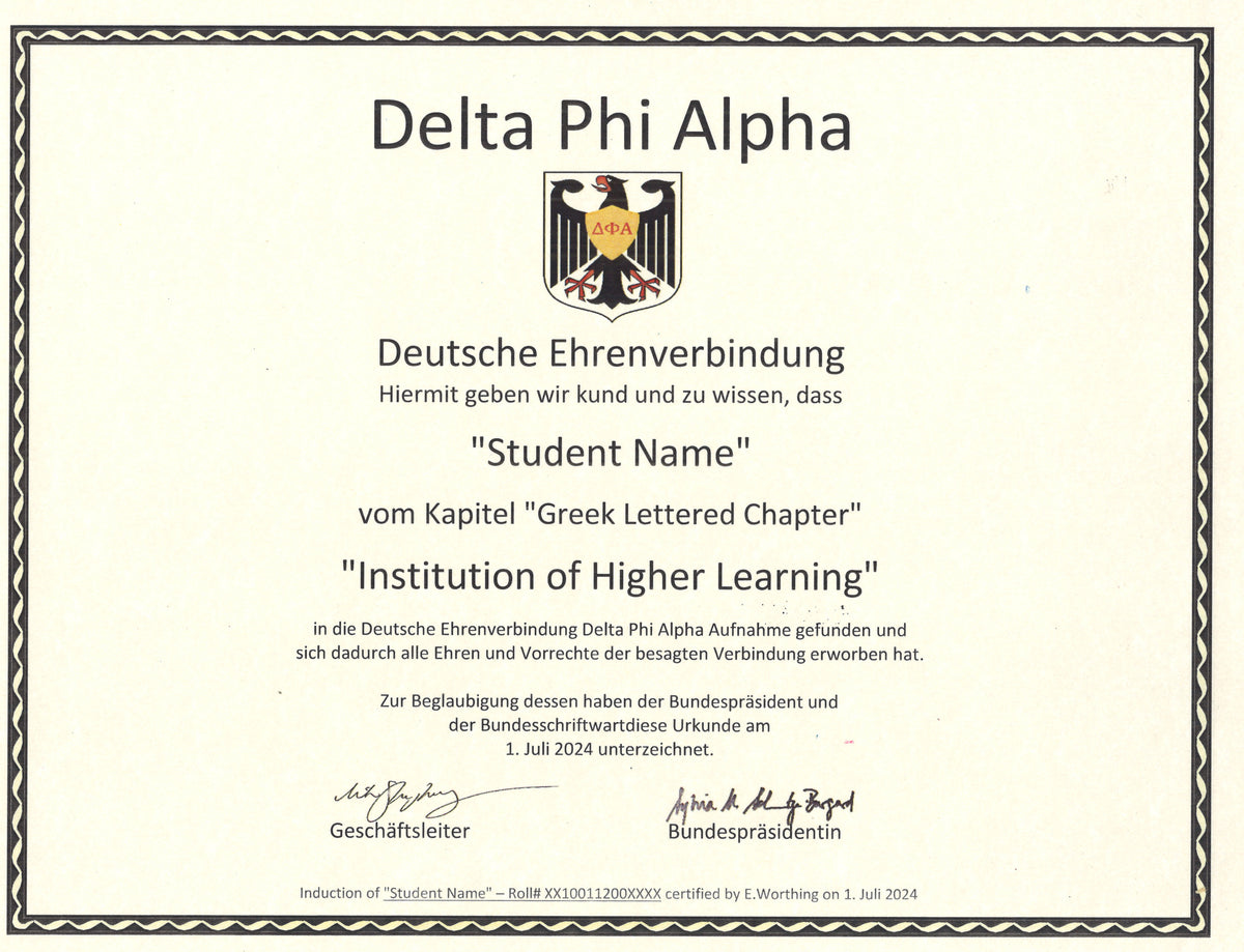 Delta Phi Alpha Replacement Membership Certificate (University ...
