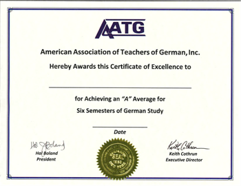 Certificate of Excellence – American Association of Teachers of German
