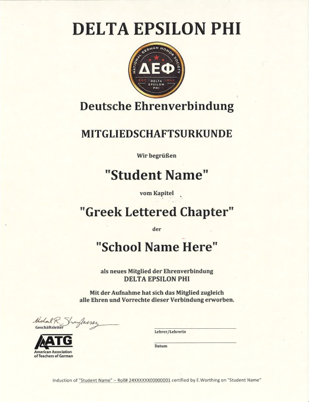 Delta Epsilon Phi Replacement Certificate (High School) – American ...